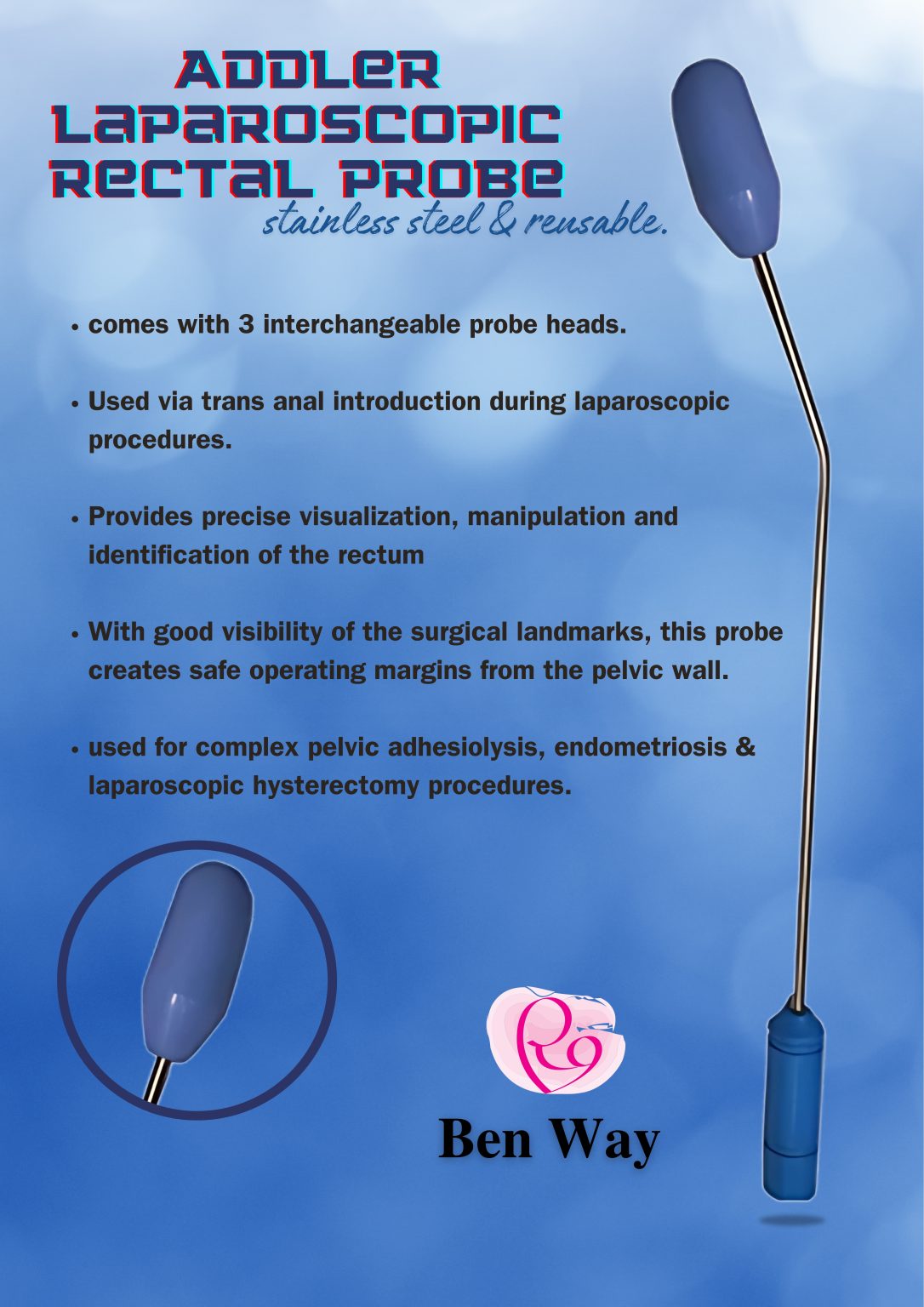 Addler Laparoscopic Rectal Probe, stainless steel & reusable. - Benway
